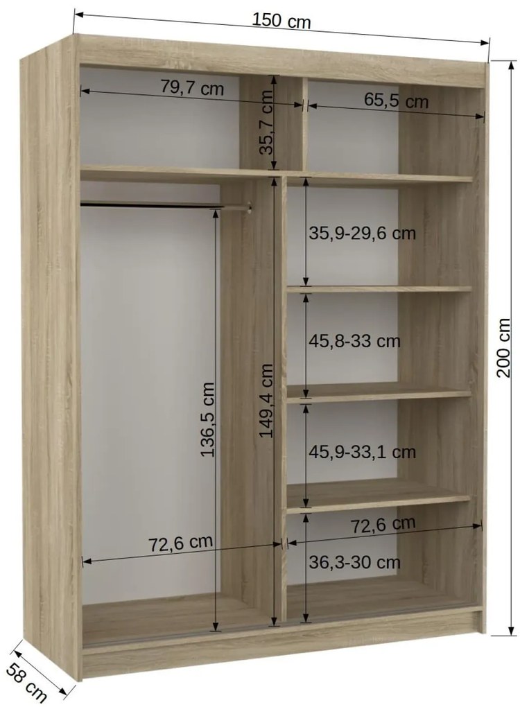 Šatní skříň s posuvnými dveřmi Riva - 150 cm Barva: Bílá/dub Sonoma