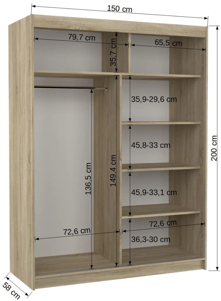Šatní skříň s posuvnými dveřmi Riva - 150 cm Barva: Černá/Bílá