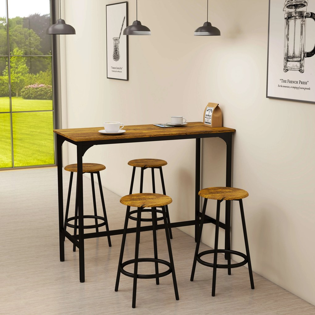 HOMCOM Barový set 5 ks se 4 barovými židlemi Kuchyňský stůl v industriálním designu rustikálně hnědý kovový jídelní set do kuchyně a baru | Aosom.de