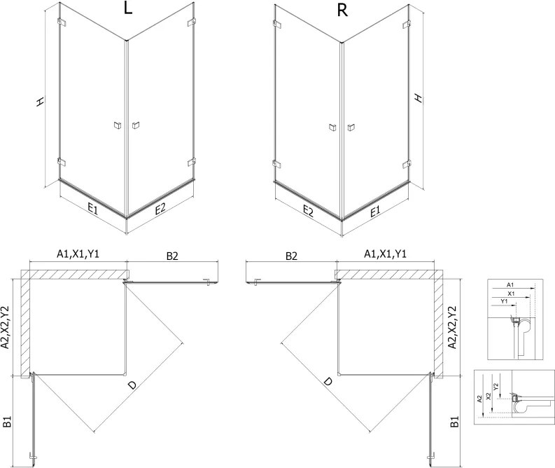 Mexen Lunar-B Duo, výklopný sprchový kout 100 x 100 cm, 8mm čiré sklo, zlatý matný profil, 832-100L-100P-55-00