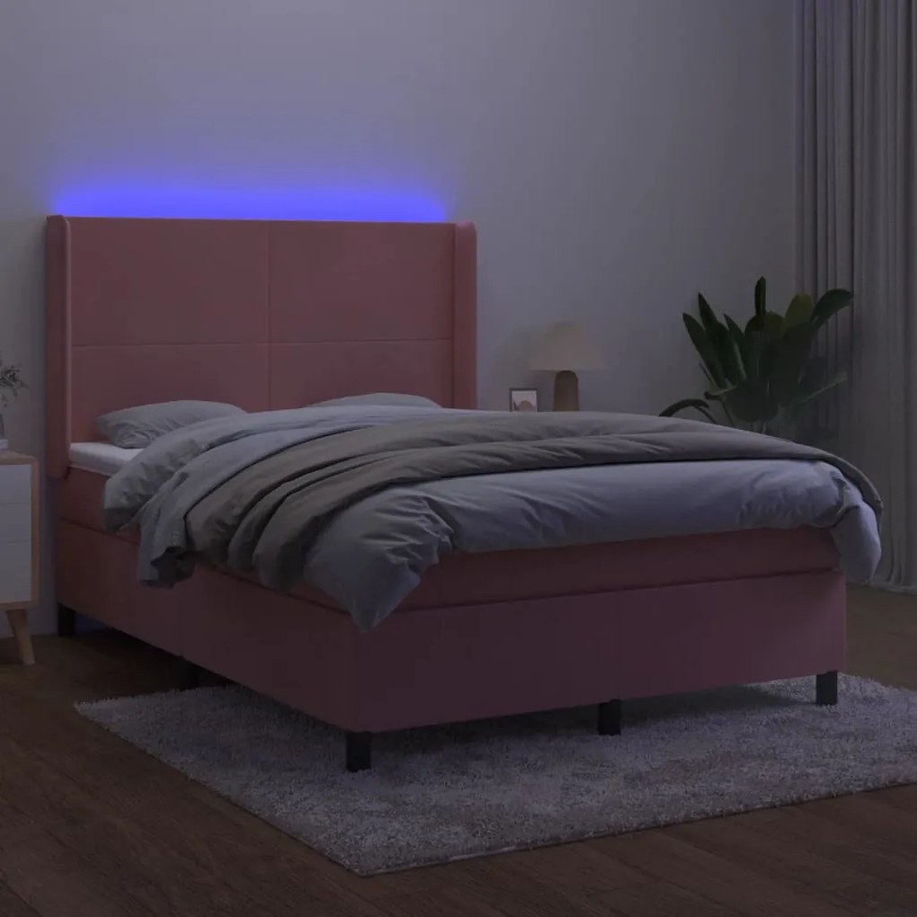 Box spring postel s matrací a LED růžová 140x190 cm samet 3139444