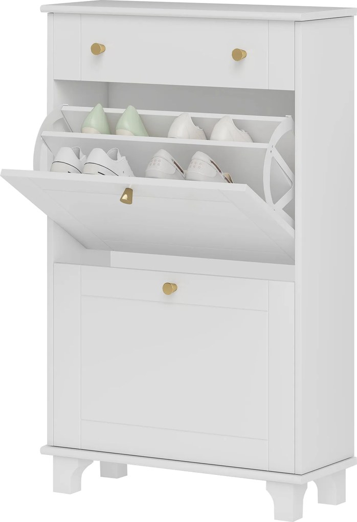 HOMCOM Úzký Botník do Předsíně se 2 Sklápěcími Zásuvkami a 1 Vyndavací Zásuvkou pro 8 Párů Bot 60x23,5x98,5 cm Bílý | Aosom