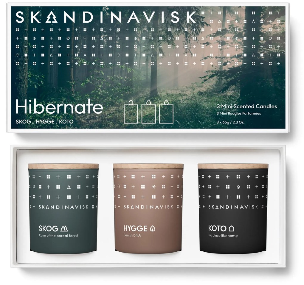 SKANDINAVISK Dárková sada mini svíček HIBERNATE 3 × 65 g, zelená barva, sklo, papír, vosk