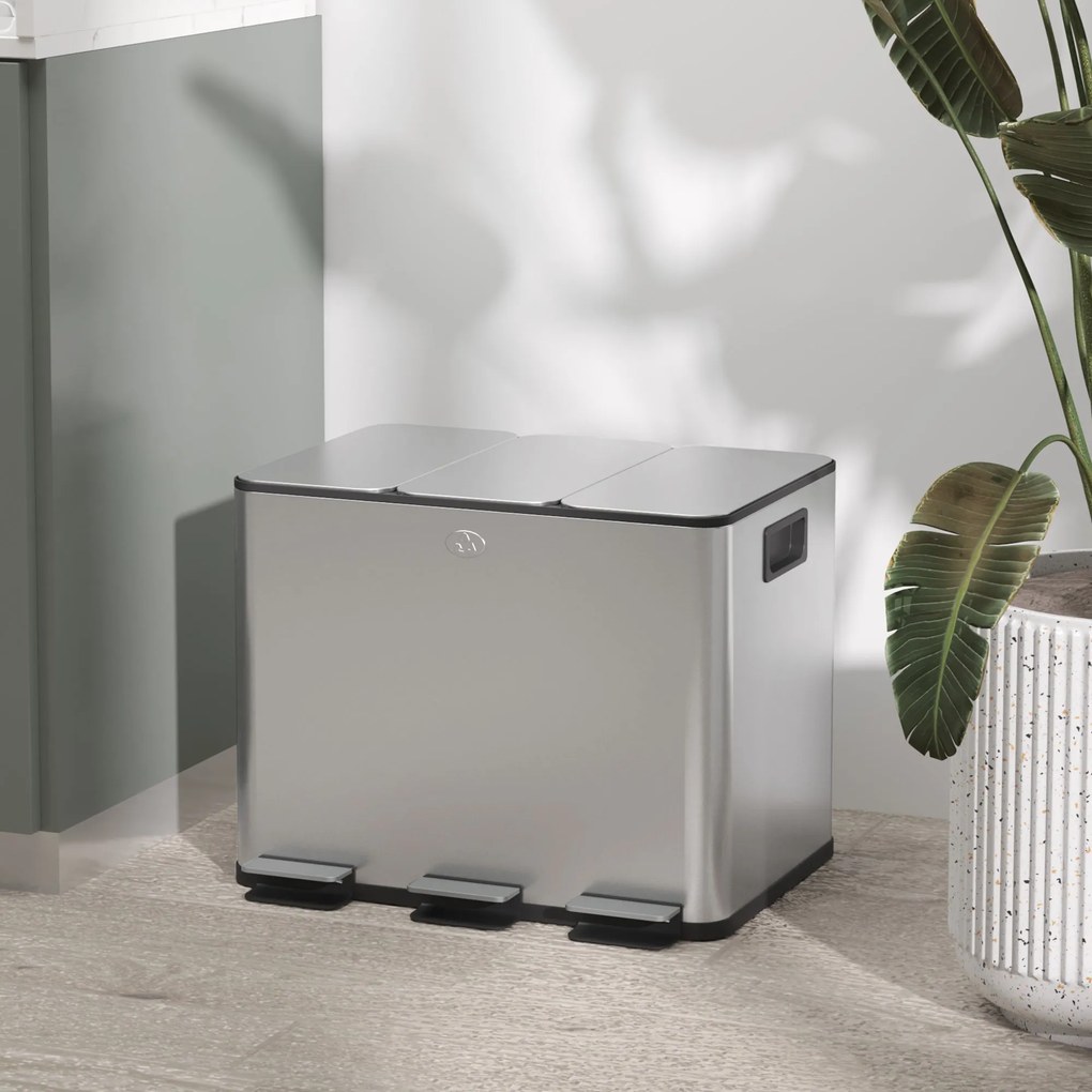 HOMCOM 3-komorový 20L kuchyňský pedálový koš se 3 tiše zavírajícími víky z nerezové oceli a PP, 61,9 x 36,6 x 56,7 cm, Stříbrná