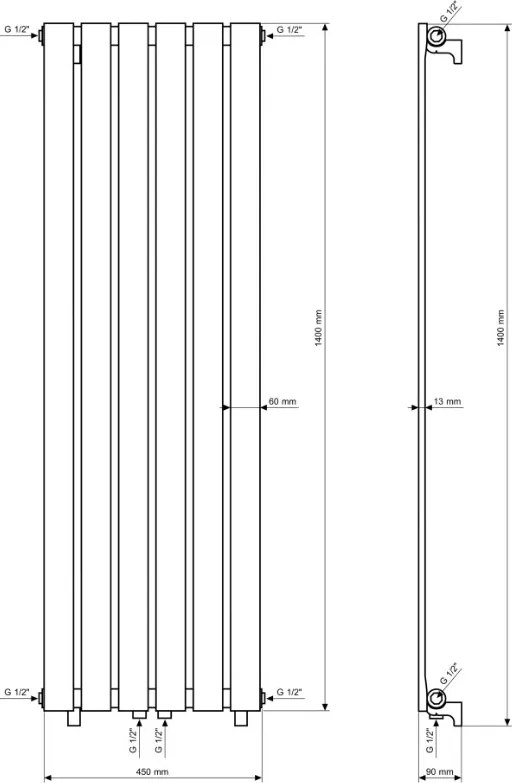 Gamma Vertical, topné těleso 450x1400 mm, 687 W, bílá matná, GMA-VERT-14045-WH