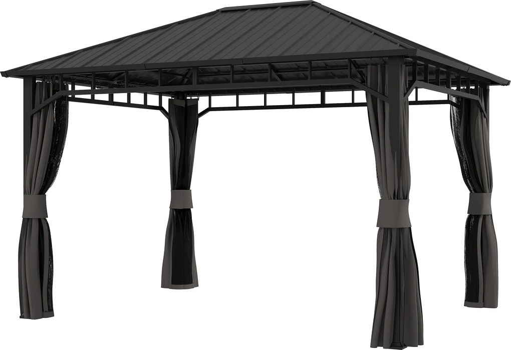 Zahradní pavilion Outsunny 4x3 m - Voděodolný, stabilní, zimní zahradní pavilion s bočními panely, vodními kanály, moskytiérou a háčky, z pozinkovanéh