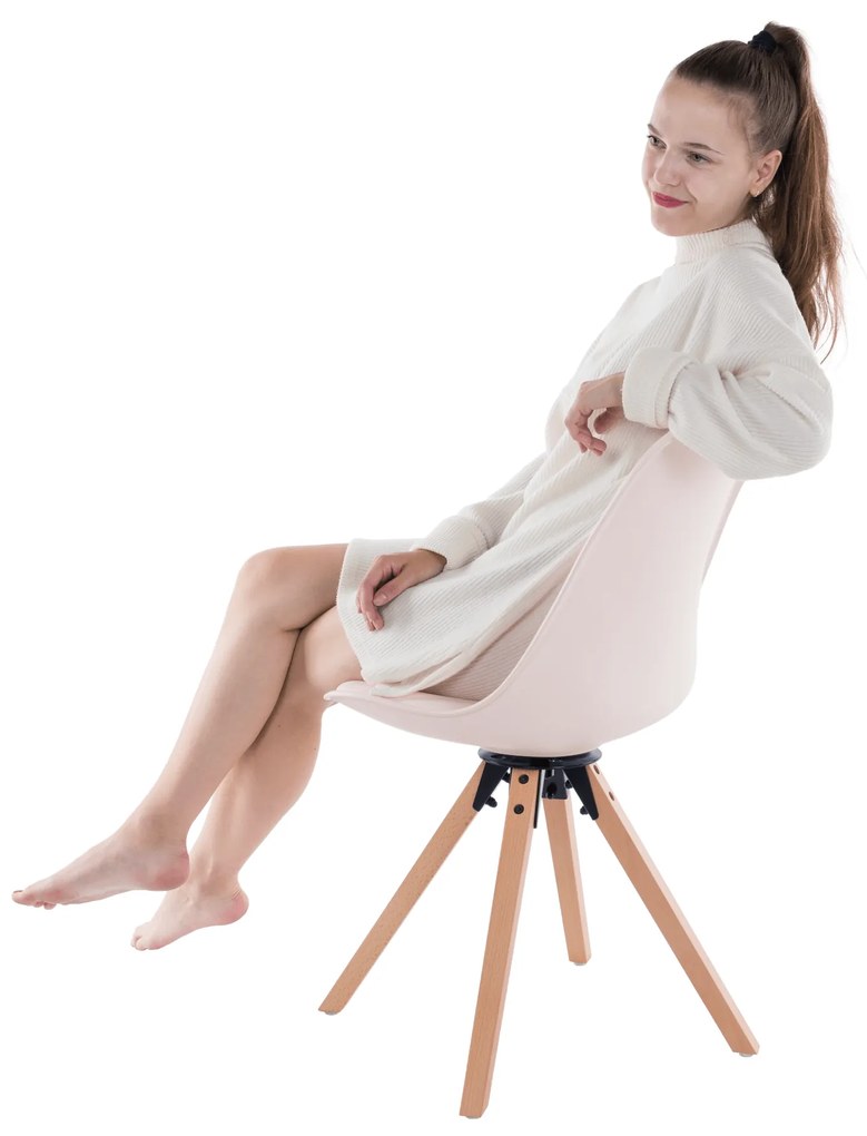 Stylová otočná židle ETOSA plast a ekokůže perlová, nohy buk