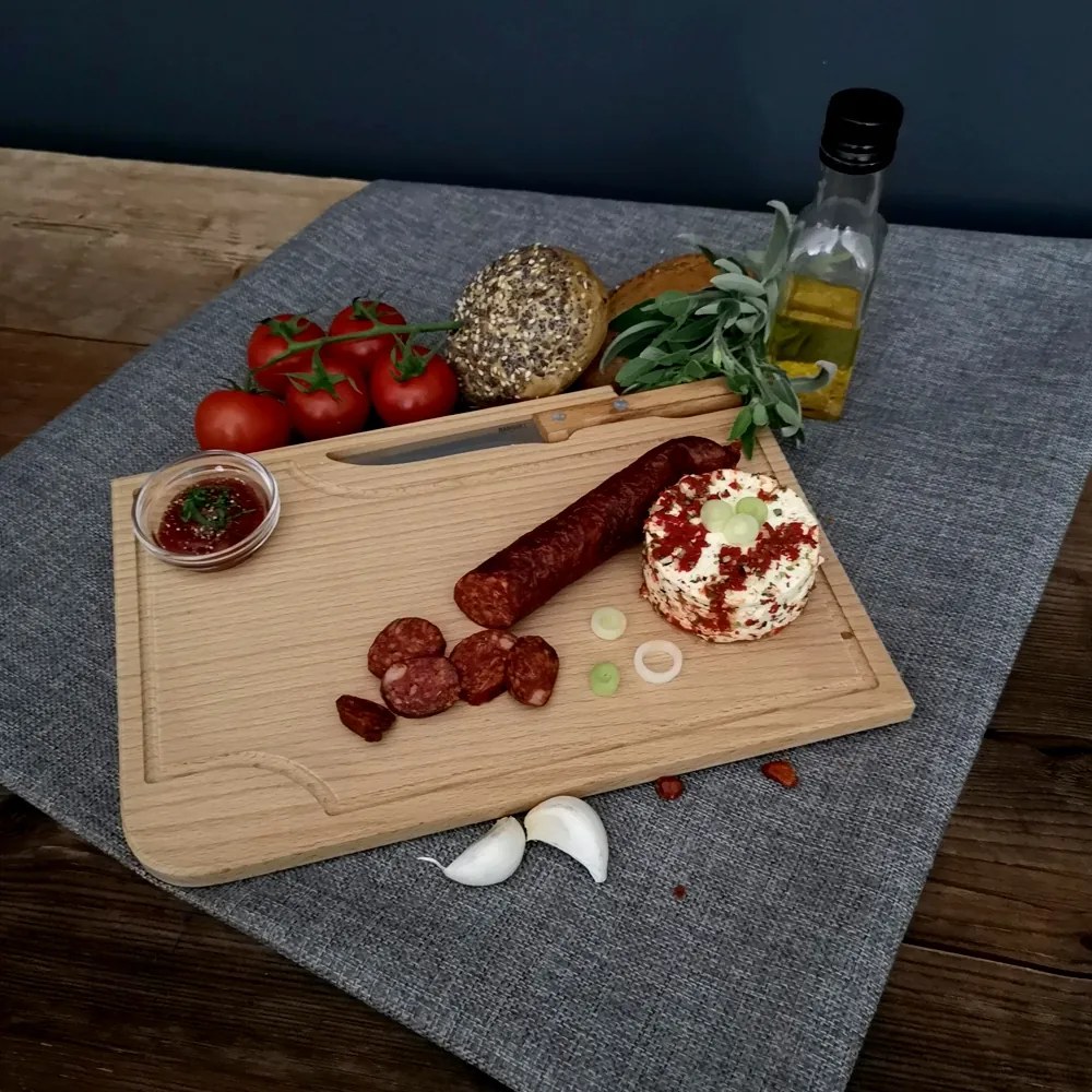 AMADEA Dřevěné prkénko na steak s nožem a miskou, masivní dřevo, 30x20x1,5 cm