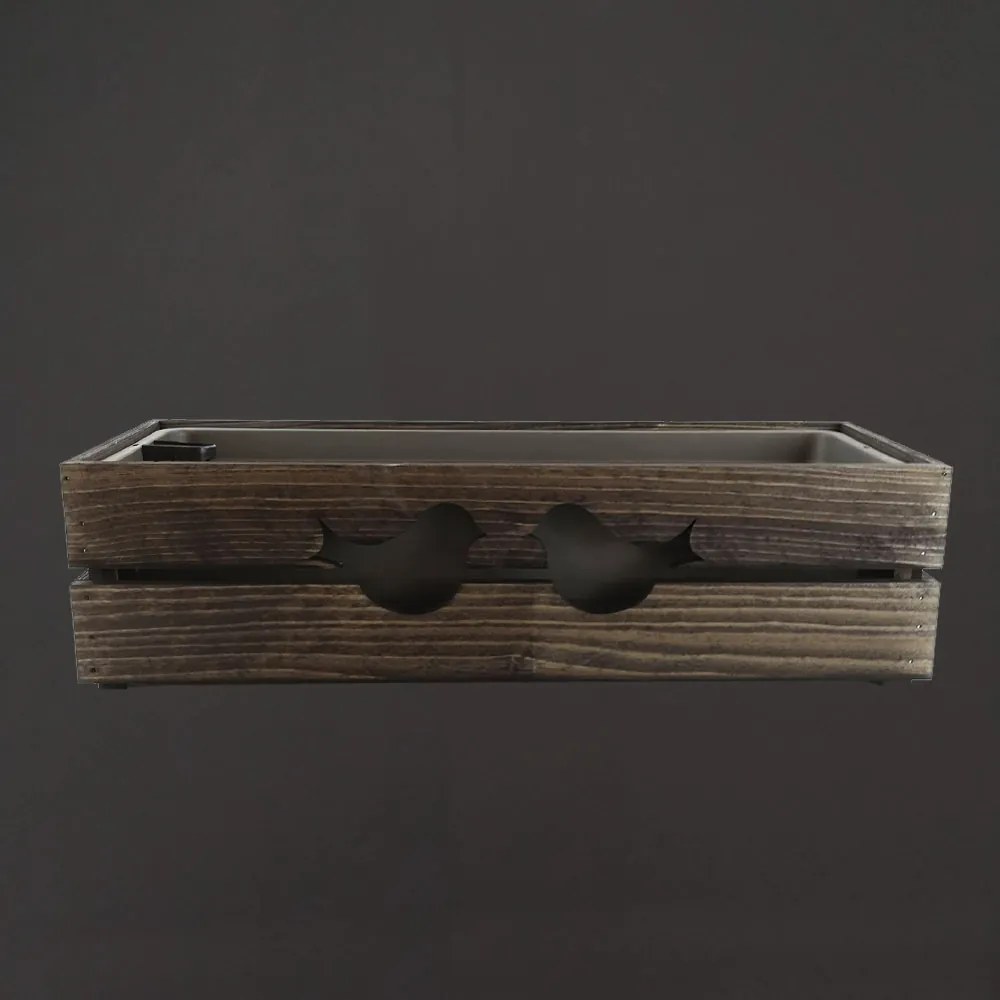 AMADEA Dřevěný obal s truhlíkem tmavý s ptáčky, 62x21,5x17cm, český výrobek