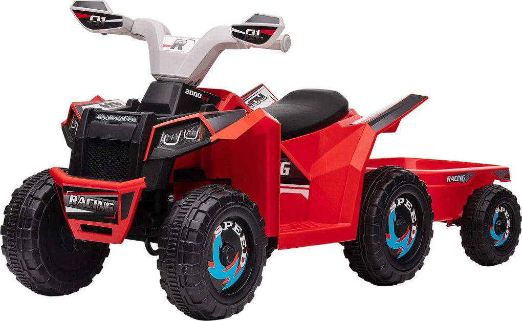 HOMCOM Dětský elektrický čtyřkolový vozík 6V, Dětský vozidlo, Elektrické auto s přívěsem pro děti 1,5-3 roky, 2,5 km/h, Kov, 106 x 41,5 x 48,5 cm, Čer