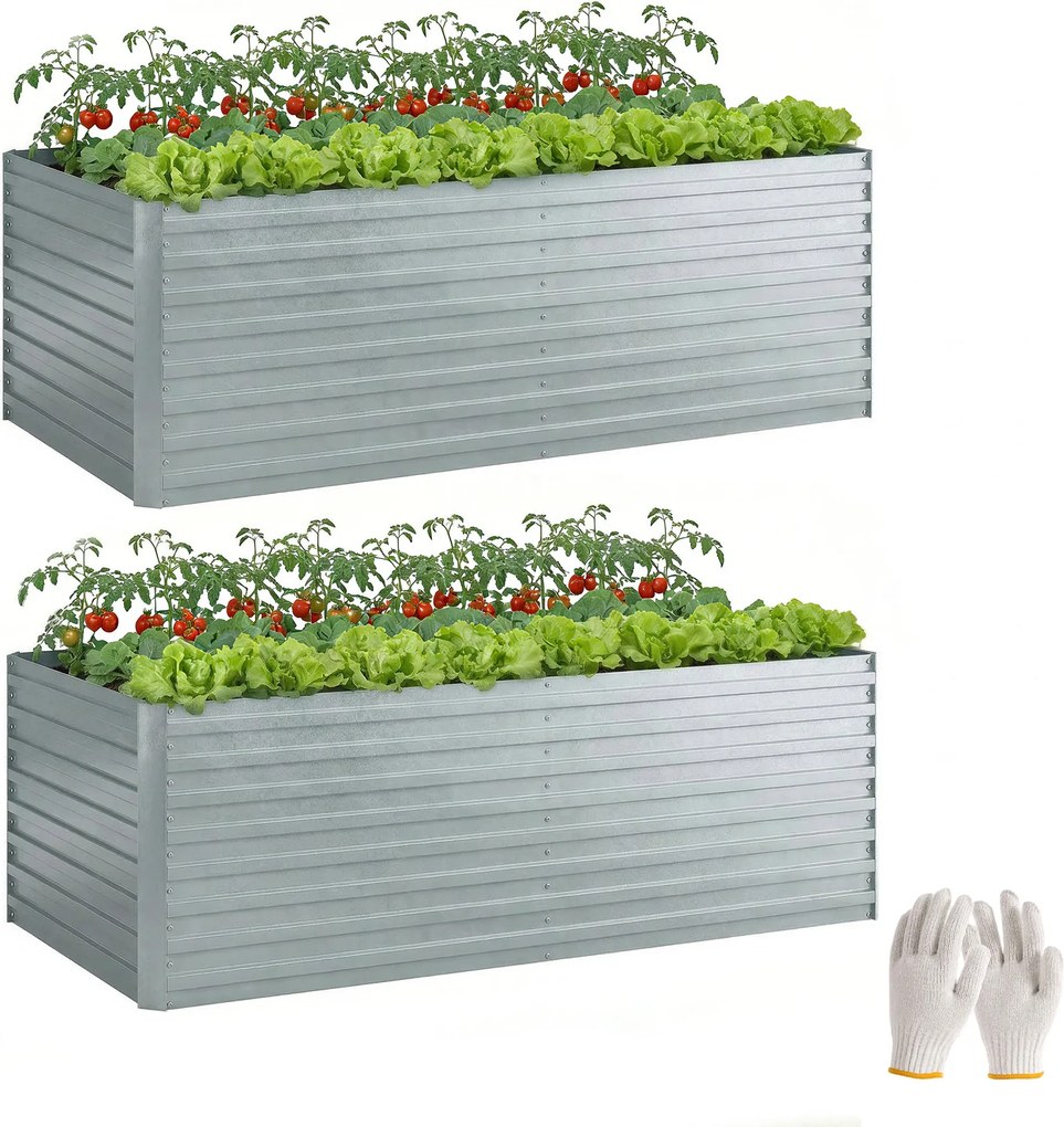Outsunny pozinkovaný vyvýšený záhon 2 ks 180 × 90 × 60 cm — obdélníkové hluboké truhlíky s podpěrnými tyčemi, otevřené dno, rukavice, sada pro zelenin