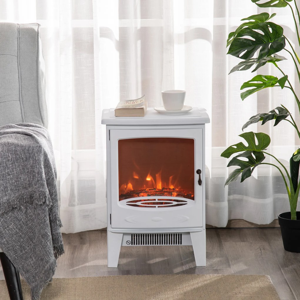Elektrický krb HOMCOM LED s efektem plamene 900/1800 W z kovu a ABS plastu v bílé barvě 39 x 26 x 54,8 cm pro útulnou atmosféru |