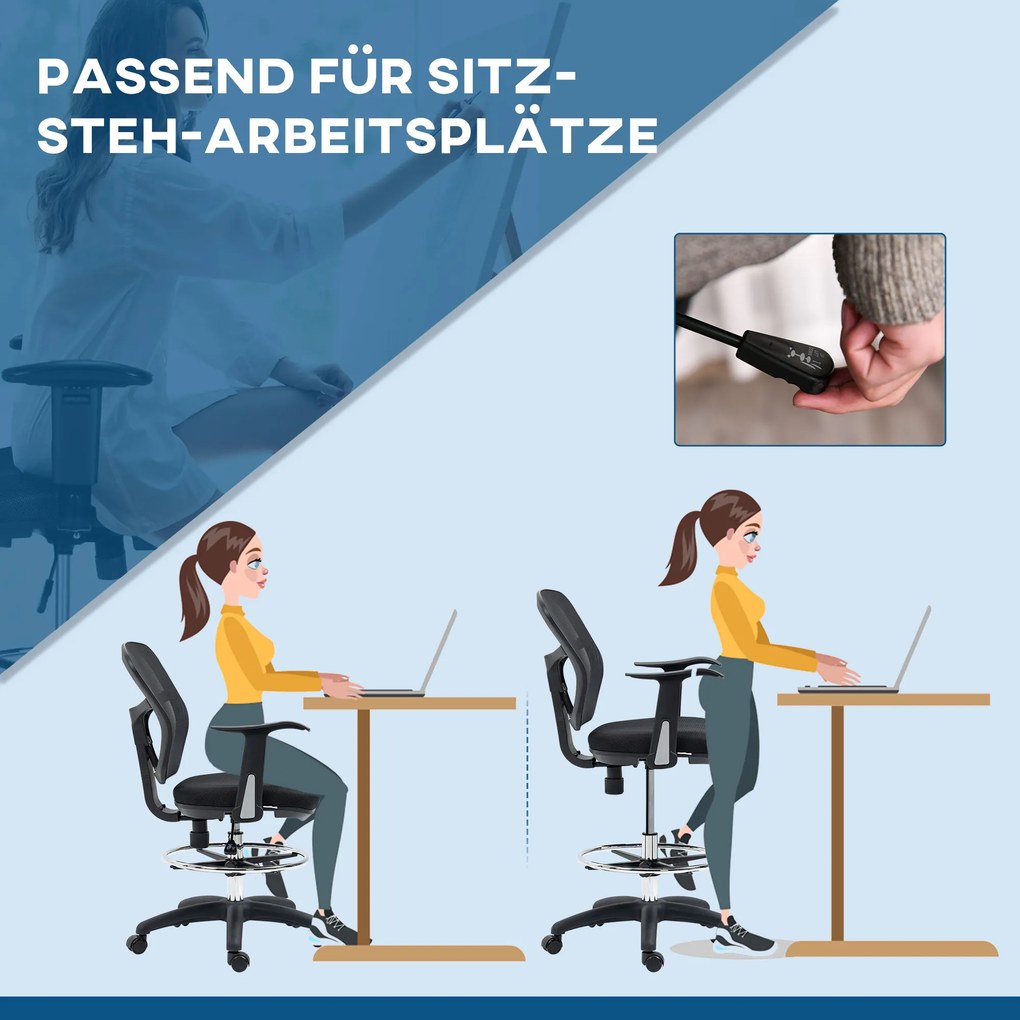 Kancelářská židle Vinsetto Ergonomická počítačová židle 95-115 cm s područkami a podnožkou Mesh Black pro kancelář a domácí kancelář |