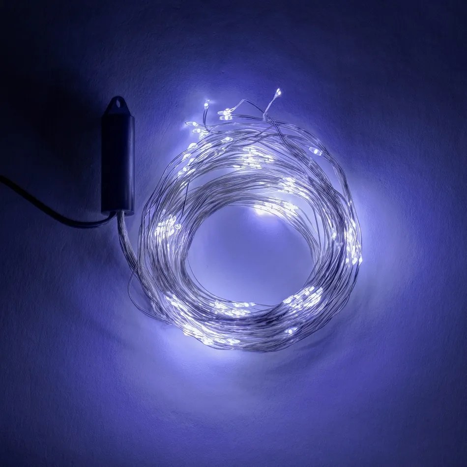 LED světelný řetěz, kapičky, 12 pramenů × 1,5 m , venkovní, ledově bílá, 180 diod, stříbrný kabel, IP44, vč. zdroje