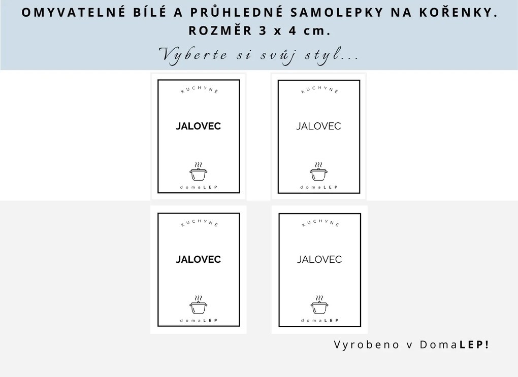 JALOVEC - Samolepka na kořenky 3 x 4 cm - DomaLEP varianta: PRŮHLEDNÁ - základní písmo
