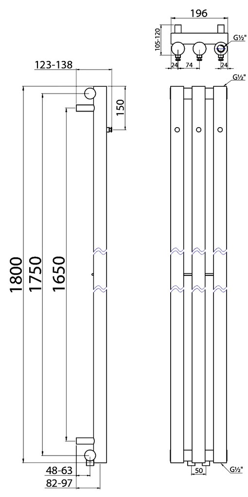 Sapho Pilon otopné těleso 1800 x 196 mm se třemi háčky pro ručník středové připojení černá mat IZ128T