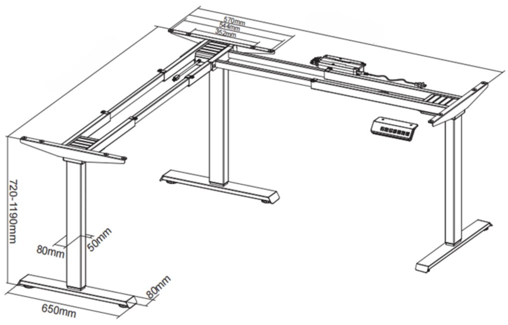 Výškově nastavitelný stůl, 3 motory, 745 - 1215 mm, rohový L/P, deska 1800 x 1800 mm, černá podnož, dub přírodní