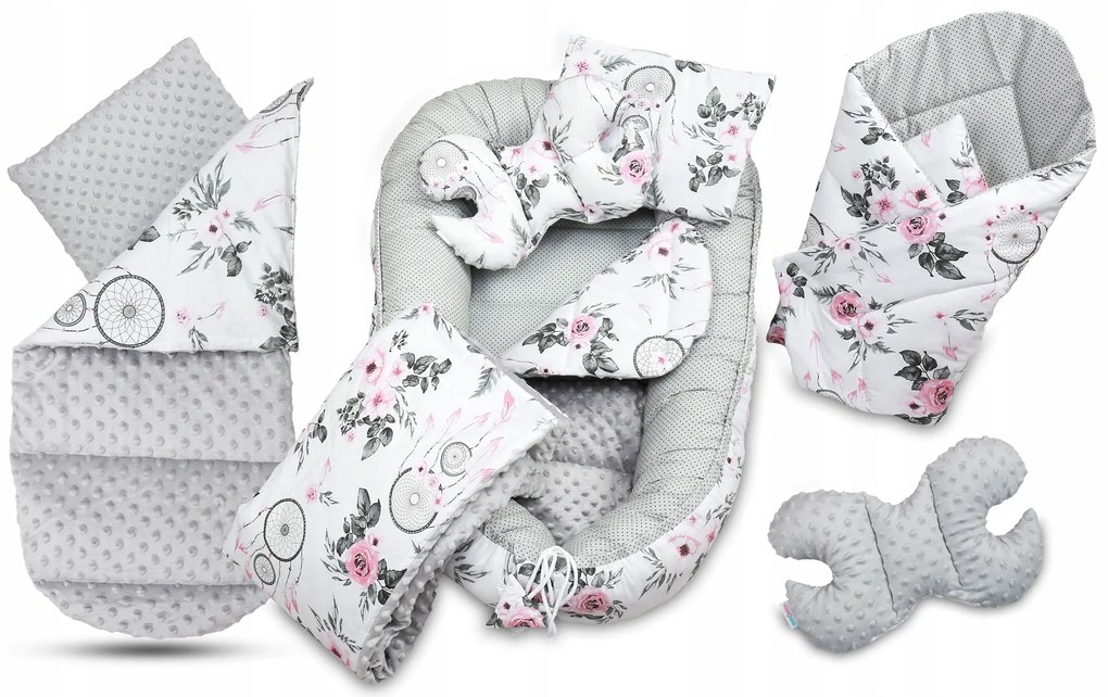 Oboustranné hnízdečko (kokon) pro miminko - BABYMAM PREMIUM set 7v1 - Lapače snů s šedou minky