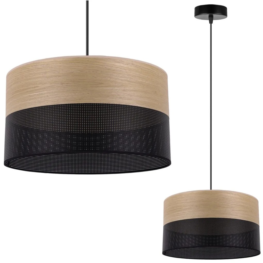 Závěsné svítidlo Wood, 1x dýha zlatý dub/černé plastové stínítko, (fi 30cm)