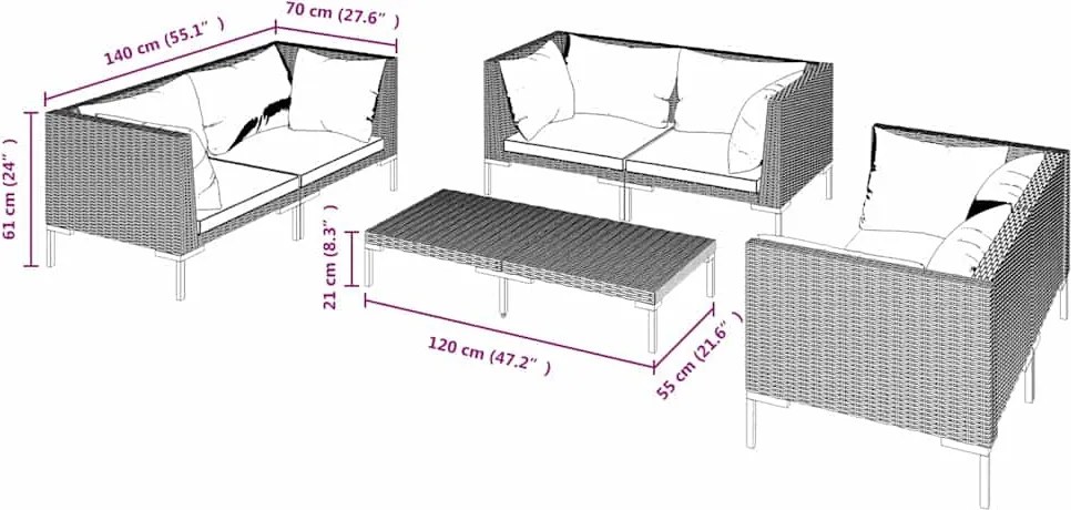 7dílná zahradní sedací souprava a podušky polyratan tmavě šedá 3099831