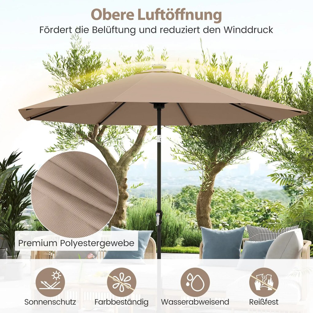 Costway Slunečník 300 cm s LED solárním osvětlením 9 režimy osvětlení s klikou