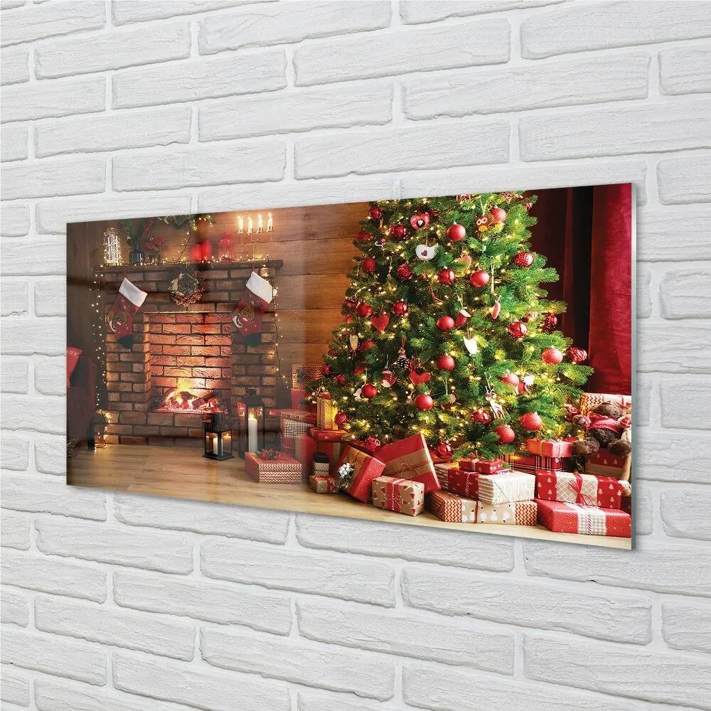 Obraz na skle Krbová dárky vánoční stromky 120x60 cm