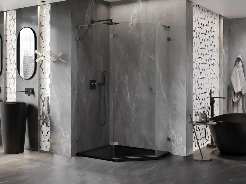 Mexen Lunar, L pětiúhelníkový sprchový kout naklápěcí doleva 100x80 cm, 8mm čiré sklo, profil grafit broušený, 831L-100L-080P-66-00-L