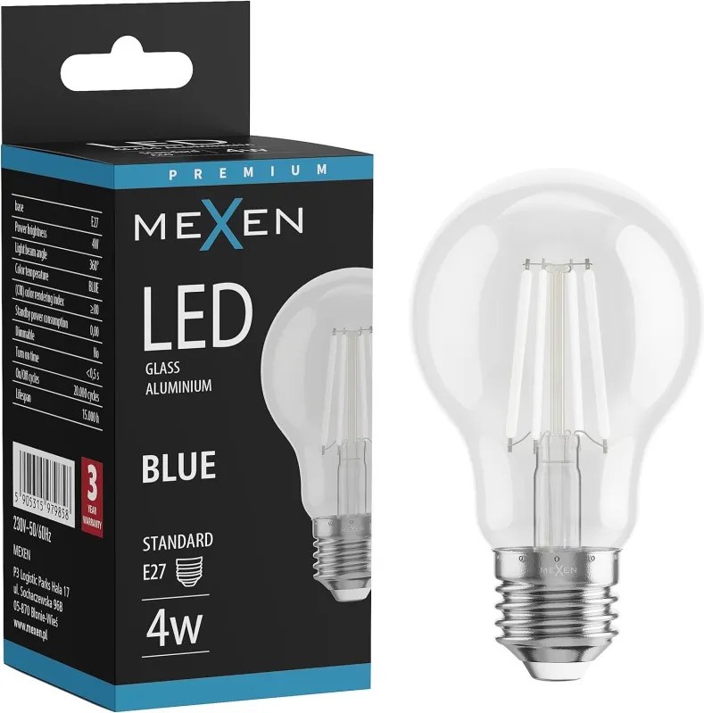 Mexen Vintis, LED filamentová žárovka E27, A60, 4 W, modrá, čirá, L150-E27-04XX-47