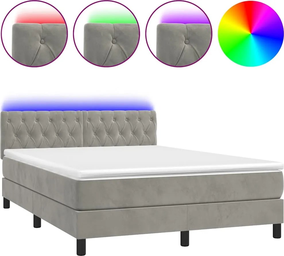Box spring postel s matrací a LED světle šedá 140x190 cm samet 3134579