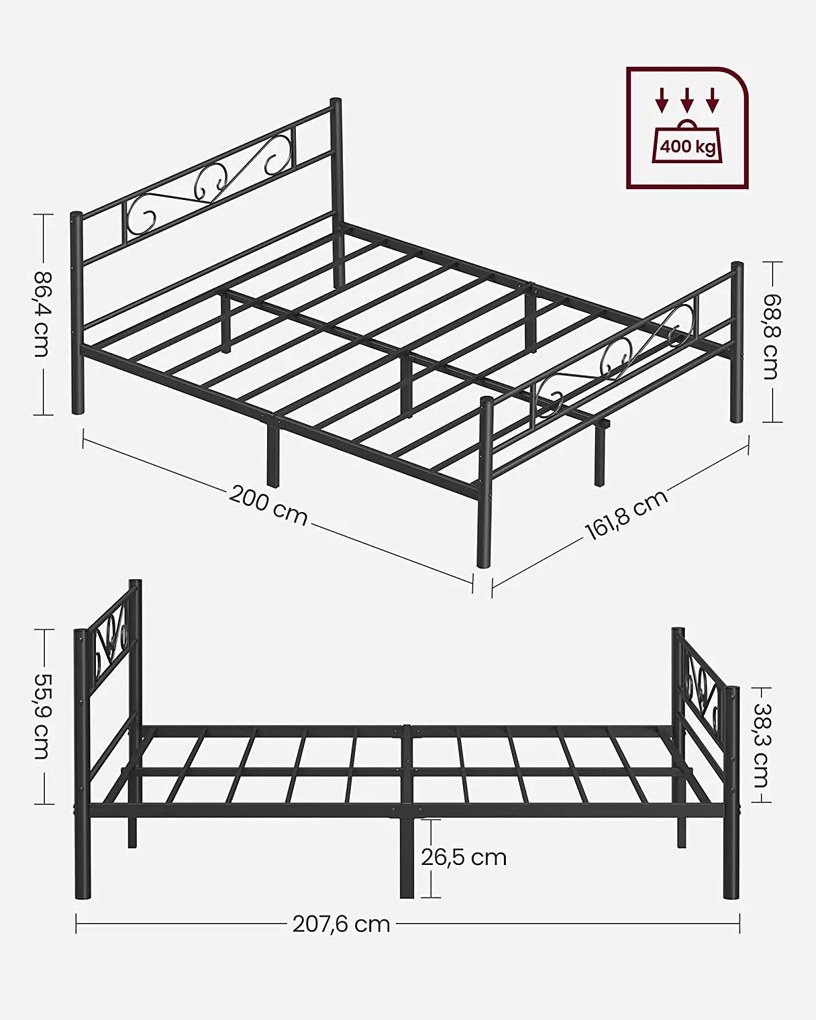 VASAGLE Kovový rám postele černý 160 x 200 cm