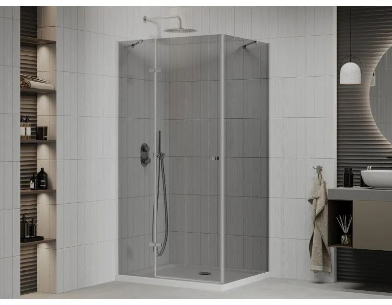 Mexen Roma, sprchový kout s křídlovými dveřmi 100 (dveře) x 110 (stěna) cm, 6mm šedé sklo, chromový profil + slim sprchová vanička bílá + chromový sifon, 854-100-110-01-40-4010