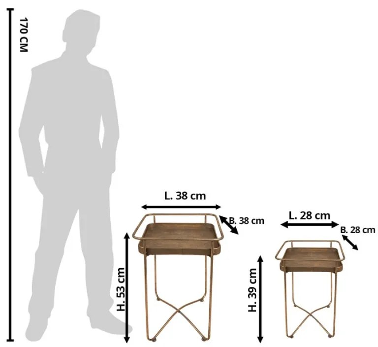 Set 2ks zlatý antik odkládací stolek Vien – 38x38x53 / 28x28x39 cm