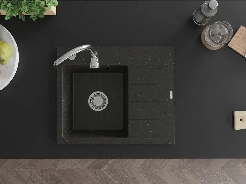 Mexen Ben, 1-komorový granitový dřez 600x500x190 mm, levý+ chromový sifon, černá-zlatá metalíza, 6522605000-75
