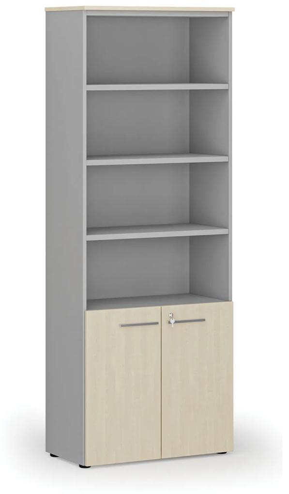 Kombinovaná kancelářská skříň PRIMO GRAY, dveře na 2 patra, 2128 x 800 x 420 mm, šedá/buk