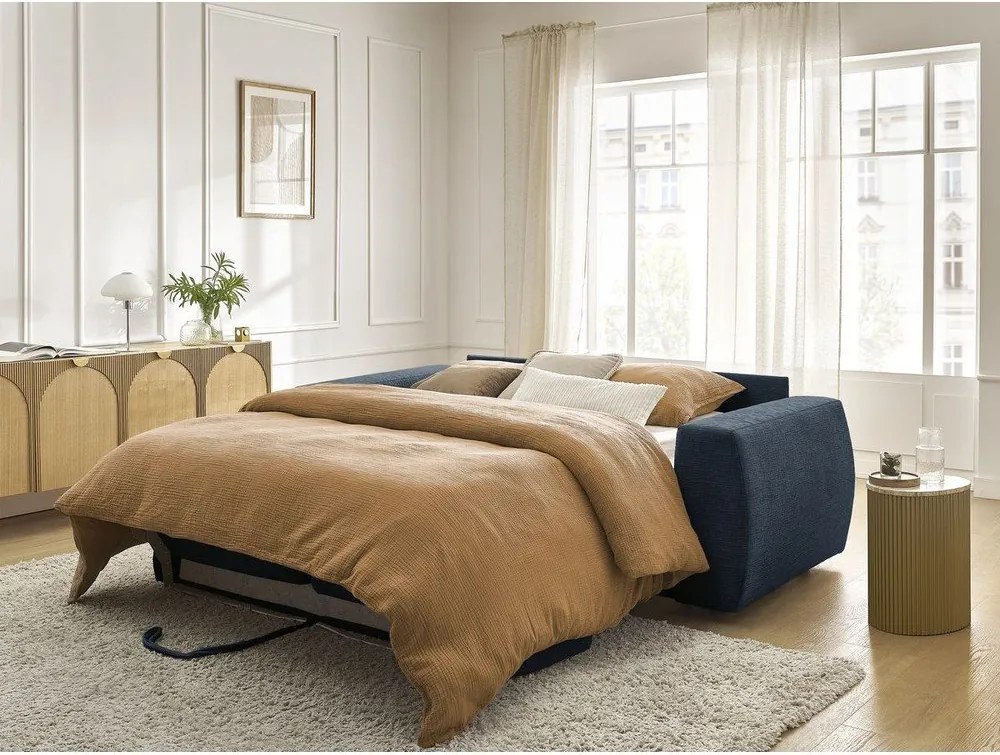 Tmavě modrá žinylková pohovka na každodenní spaní/rozkládací 220 cm Hugo – Bobochic Paris