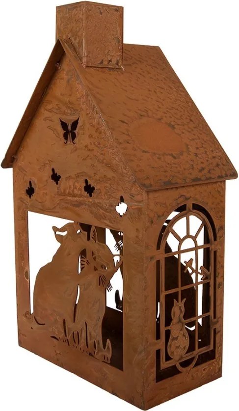 Rezavý svícen ve tvaru domku s kočkami Rustic Charm - 17*10*28 cm