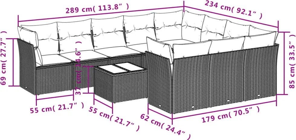 11dílný zahradní sedací souprava s poduškami hnědý polyratan 3250072