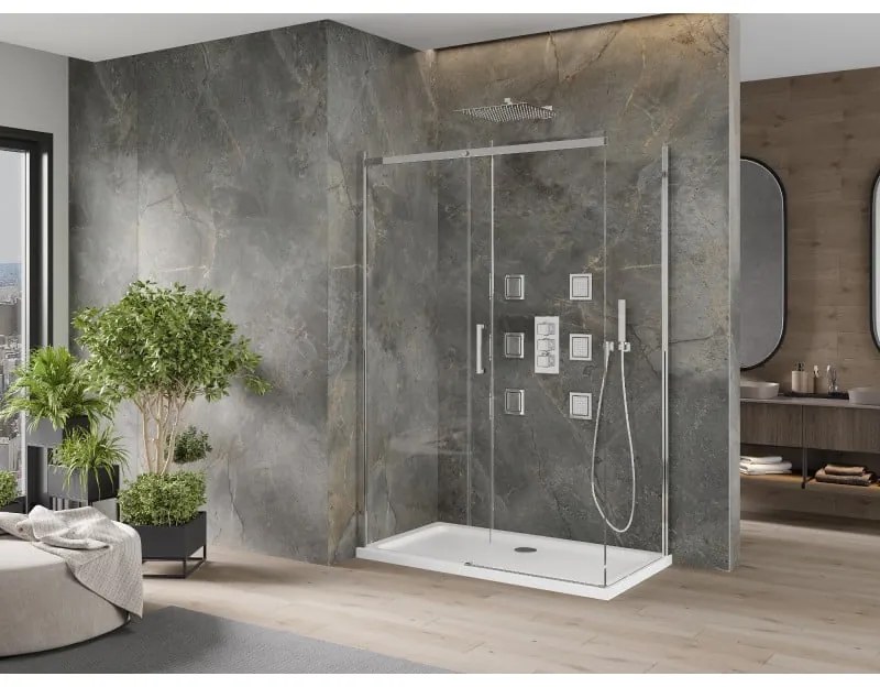 Mexen Omega sprchový kout s posuvnými dveřmi 140 x 70 cm, 8mm čiré sklo-chromový profil + sprchová vanička, 825-140-070-01-00-4010