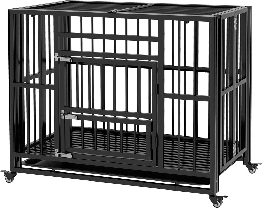 PawHut klec pro psy box pro psy s dvojitými dvířky bouda pro psy, kolečka, psí bouda, ocel, černá, 94 x 58 x 78 cm | Aosom