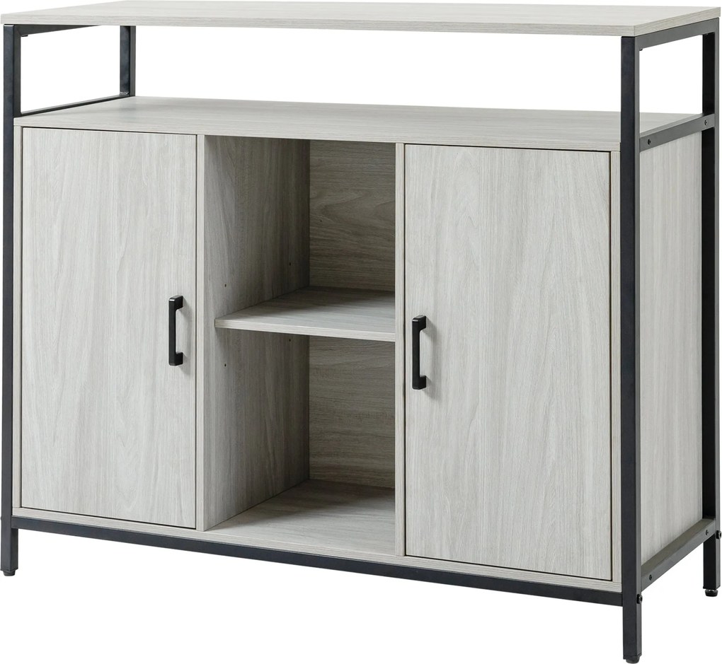 HOMCOM Moderní dřevěný kredenc se 2 skříňkami a policemi, světle šedý kuchyňský a vstupní kabinet, 100x34x87,2cm