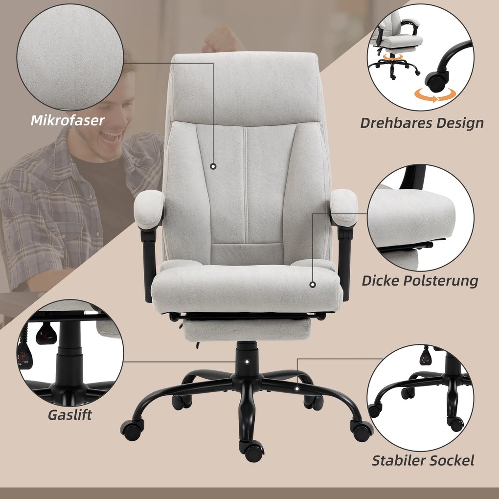 Kancelářská židle Vinsetto s masážní funkcí, ergonomická manažerská židle s výškově nastavitelnou opěrkou nohou, světle šedá pro kancelář a domácí ka…