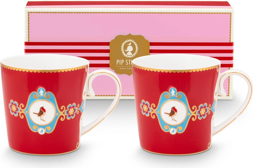 Pip Studio Love Birds sada 2 ks hrnků 225 ml, červená (Sada hrnků v dárkovém balení)