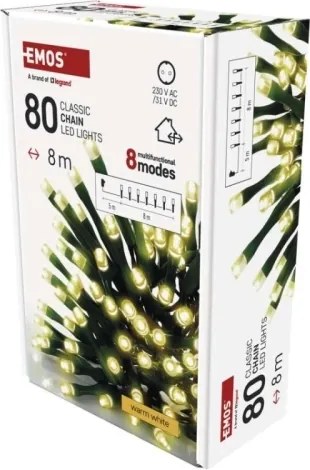 Vánoční osvětlení EMOS D4AW22 80LED řetěz 8m teplá bílá programy s časovačem
