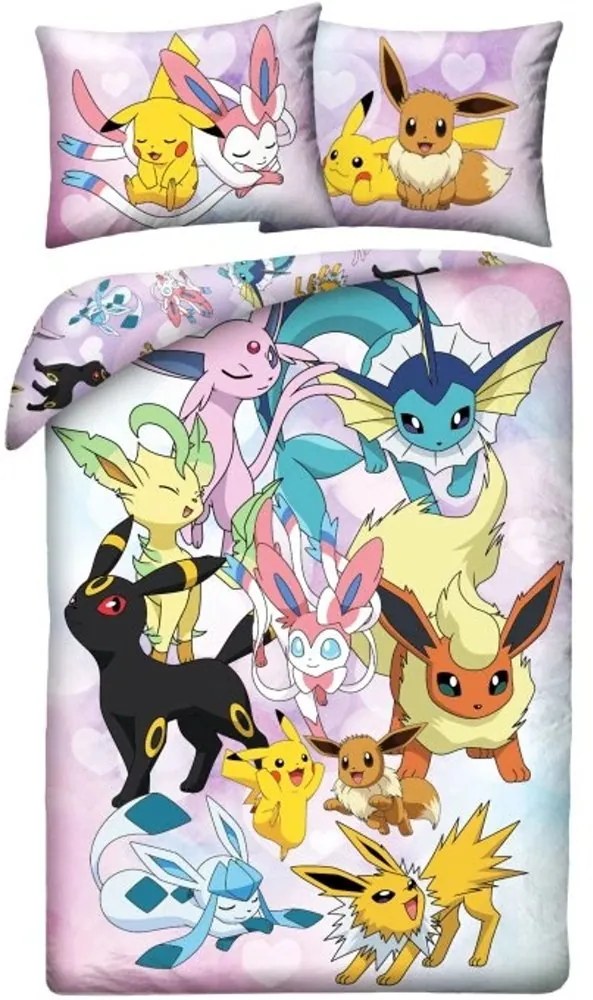Ložní povlečení z mikrovlákna Pokémoni - motiv Pikachu a Eeveelutions - 70x90 cm + 140x200 cm