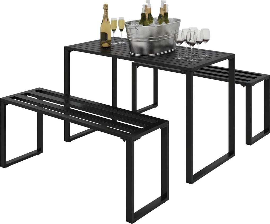 Outsunny Sada zahradního nábytku 3-dílná sezená skupina 1 x stůl 2 x lavičky Černý kov 110 x 55 x 70 cm | Aosom