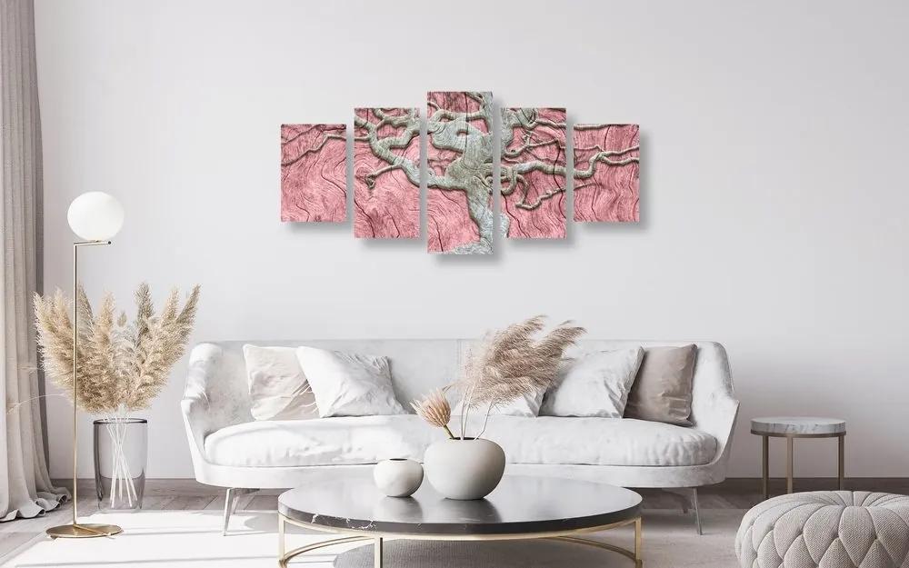 5-dílný obraz abstraktní strom na dřevě s růžovým kontrastem - 200x100 cm