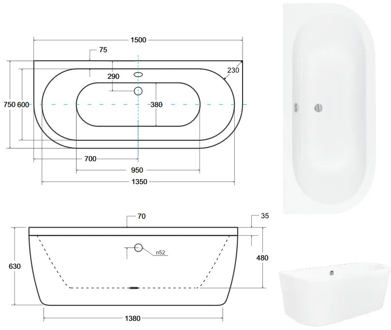 NIKIDO - B Přístěnná vana VISTA 140, 150, 160, 170 Rozměry: 160 x 75cm