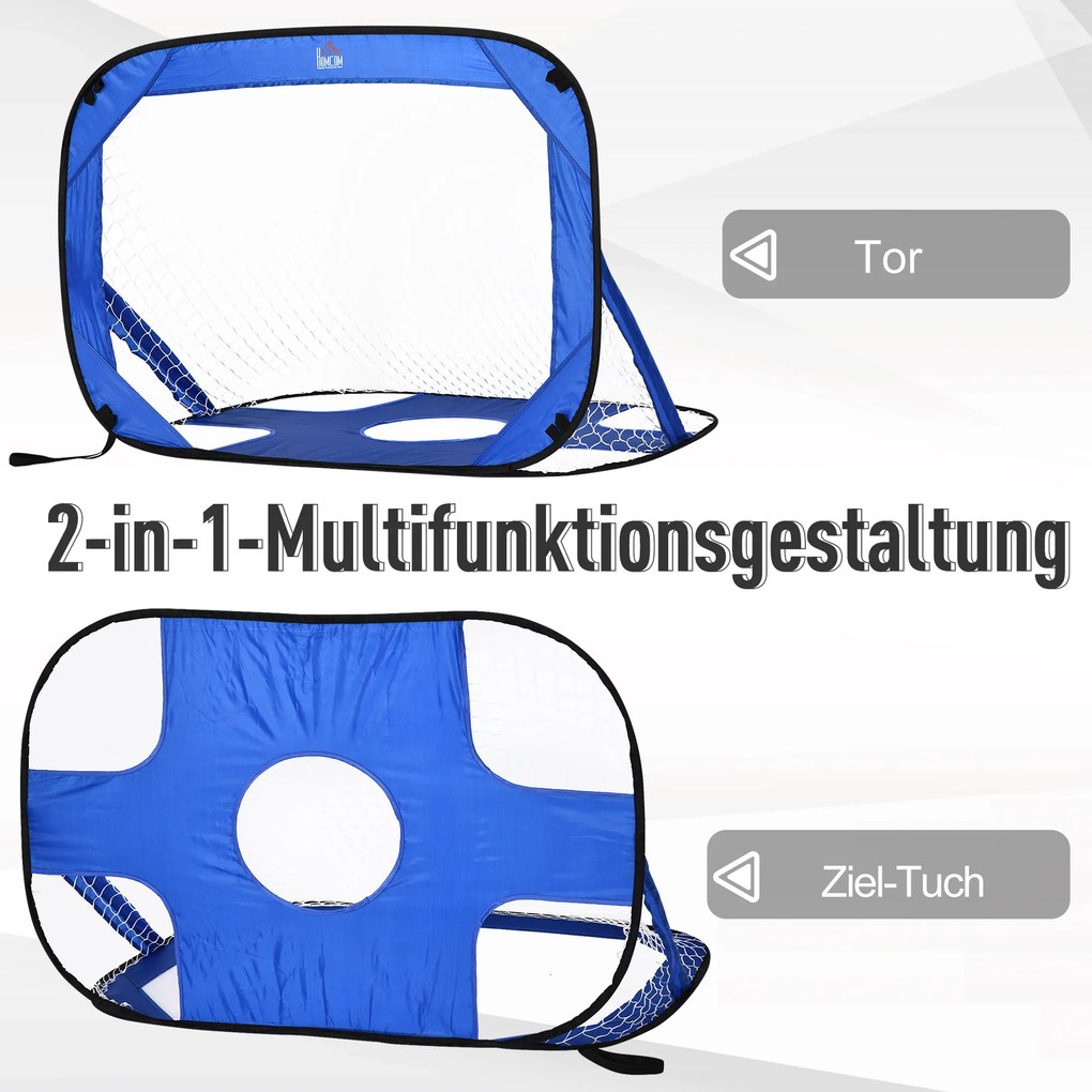 HOMCOM Pop Up fotbalové branky Sada 2 přenosných skládacích mini branek s taškou na přenášení Modrá 123x80x80 cm pro zahradní a sportovní aktivity | …