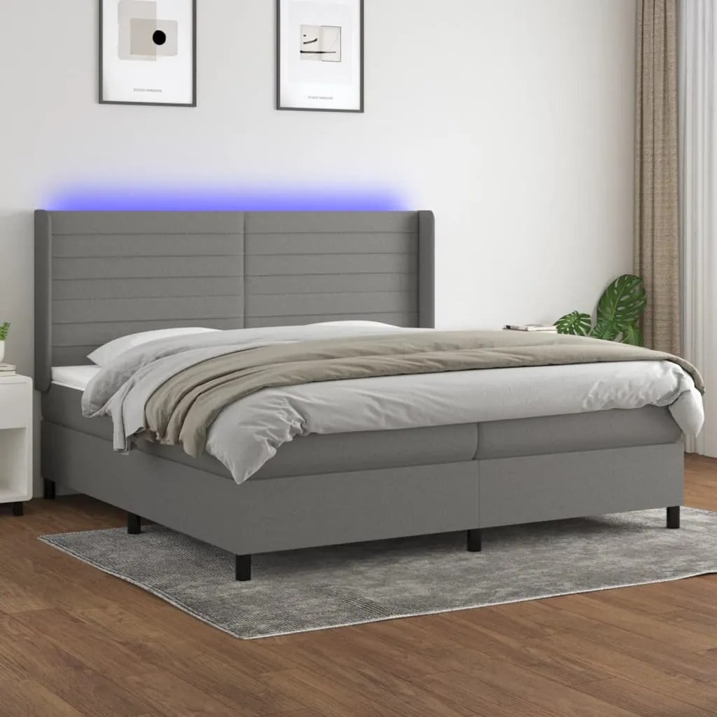 Box spring postel s matrací a LED tmavě šedá 200x200 cm textil
