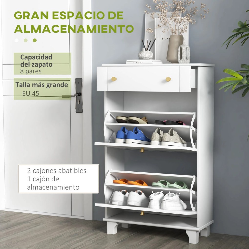 HOMCOM Úzký Botník do Předsíně se 2 Sklápěcími Zásuvkami a 1 Vyndavací Zásuvkou pro 8 Párů Bot 60x23,5x98,5 cm Bílý